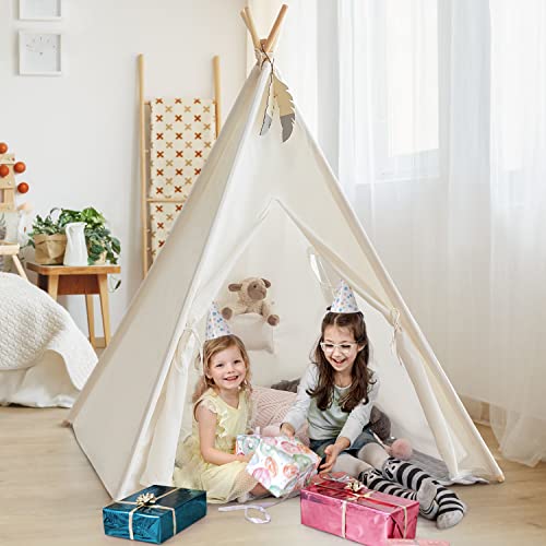 Teepee Tent for Kids with Mat, White Teepee Play Tent Foldable Tipi Tents for Girls, Boys Indoor Outdoor with Kids Teepee with Grey Mat, Fairy Lights