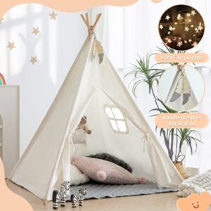 Teepee Tent for Kids with Mat, White Teepee Play Tent Foldable Tipi Tents for Girls, Boys Indoor Outdoor with Kids Teepee with Grey Mat, Fairy Lights