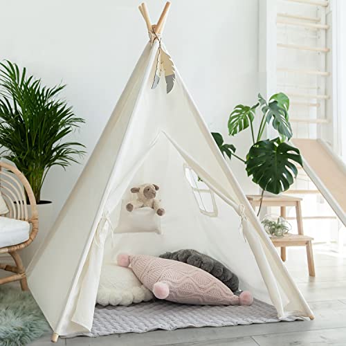 Teepee Tent for Kids with Mat, White Teepee Play Tent Foldable Tipi Tents for Girls, Boys Indoor Outdoor with Kids Teepee with Grey Mat, Fairy Lights