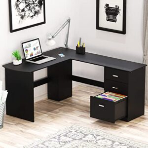 shw l-shaped home office wood corner desk with 3 drawers