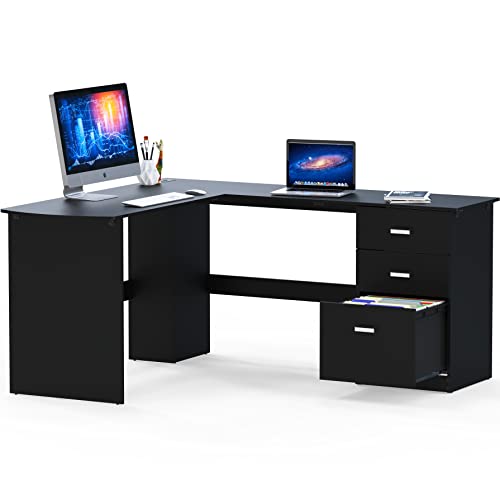 SHW L-Shaped Home Office Wood Corner Desk with 3 Drawers