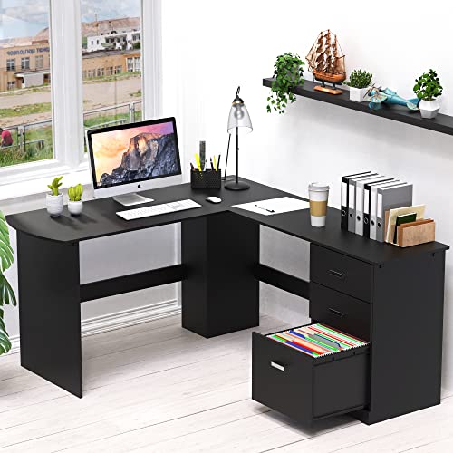 SHW L-Shaped Home Office Wood Corner Desk with 3 Drawers