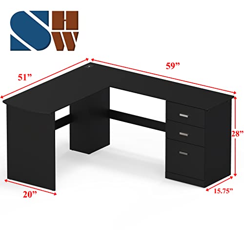 SHW L-Shaped Home Office Wood Corner Desk with 3 Drawers