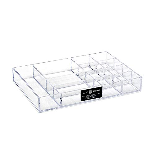 Isaac Jacobs 12-Compartment Clear Acrylic Drawer Organizer (9.4" L x 6.4" W x 1.3" H), Multi-Sectional Tray & Storage Solution for Makeup, School & Office Supplies, Bathroom, Kitchen