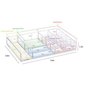 Isaac Jacobs 12-Compartment Clear Acrylic Drawer Organizer (9.4" L x 6.4" W x 1.3" H), Multi-Sectional Tray & Storage Solution for Makeup, School & Office Supplies, Bathroom, Kitchen