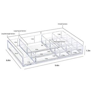 Isaac Jacobs 12-Compartment Clear Acrylic Drawer Organizer (9.4" L x 6.4" W x 1.3" H), Multi-Sectional Tray & Storage Solution for Makeup, School & Office Supplies, Bathroom, Kitchen