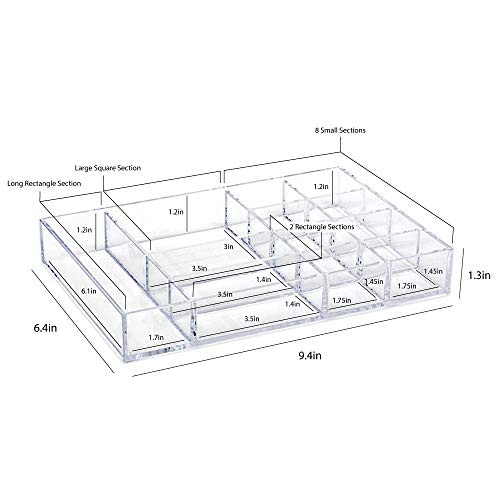 Isaac Jacobs 12-Compartment Clear Acrylic Drawer Organizer (9.4" L x 6.4" W x 1.3" H), Multi-Sectional Tray & Storage Solution for Makeup, School & Office Supplies, Bathroom, Kitchen