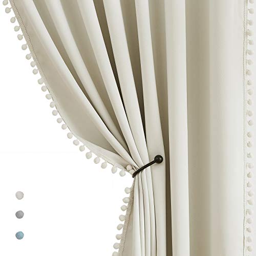 Pom Pom Curtains for Bedroom Windows 84 inch Energy Efficient Thermal Insulated Living Room Darkening Curtain Panels for Kitchen Nursery Room Ivory 50" w x2 Panels Rod Pocket