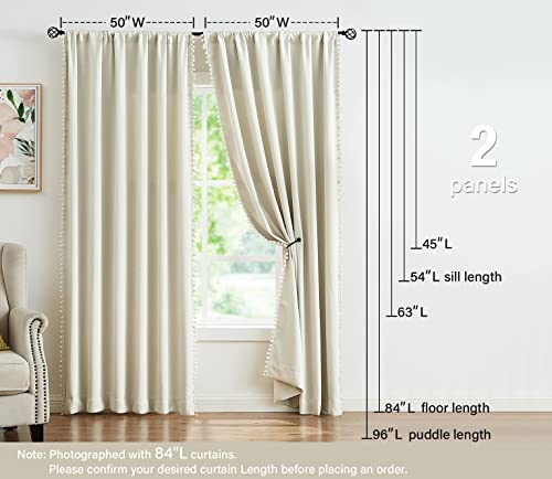 Pom Pom Curtains for Bedroom Windows 84 inch Energy Efficient Thermal Insulated Living Room Darkening Curtain Panels for Kitchen Nursery Room Ivory 50" w x2 Panels Rod Pocket