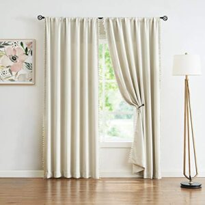 Pom Pom Curtains for Bedroom Windows 84 inch Energy Efficient Thermal Insulated Living Room Darkening Curtain Panels for Kitchen Nursery Room Ivory 50" w x2 Panels Rod Pocket