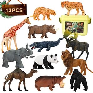 elf lab safari animal figures, 12pcs jungle zoo animals toys, realistic wildlife plastic african animals playset, learning educational toy, christmas birthday gift for kids children toddlers 3-5