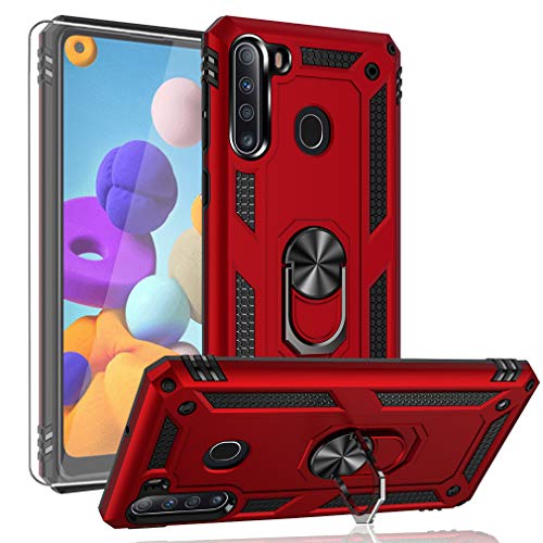 YZOK for Galaxy A21 Case, Samsung A21 Case, with HD Screen Protector, [Military Grade] Ring Car Mount Kickstand Hybrid Hard PC Soft TPU Shockproof Protective Case for Samsung Galaxy A21 (Red)