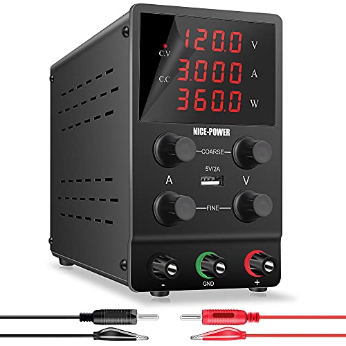 NICE-POWER DC Power Supply Variable: 120V 3A Adjustable Switching Regulated High Precision 4-Digits LED Display 5V/2A USB Port Test Lead Output & Input Power Cord Bench Lab Power Supplies