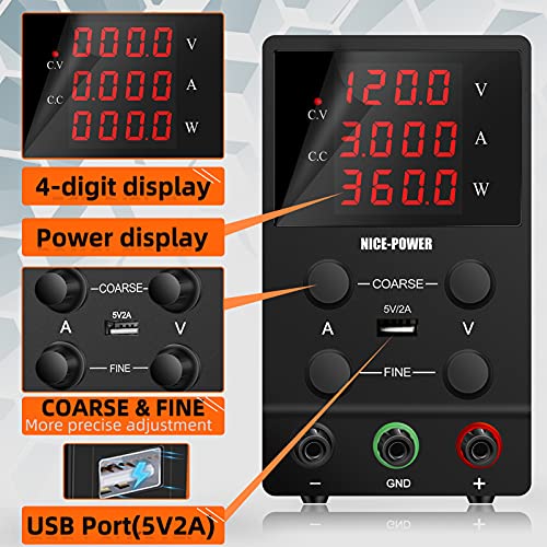 NICE-POWER DC Power Supply Variable: 120V 3A Adjustable Switching Regulated High Precision 4-Digits LED Display 5V/2A USB Port Test Lead Output & Input Power Cord Bench Lab Power Supplies