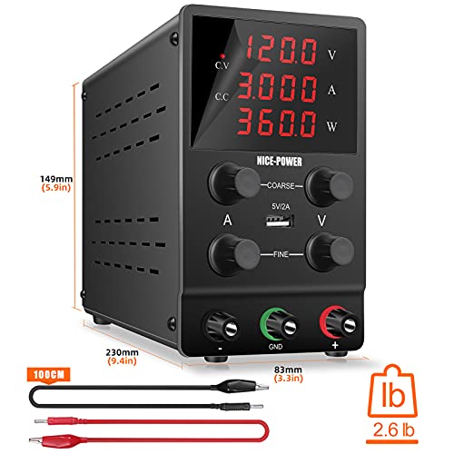 NICE-POWER DC Power Supply Variable: 120V 3A Adjustable Switching Regulated High Precision 4-Digits LED Display 5V/2A USB Port Test Lead Output & Input Power Cord Bench Lab Power Supplies