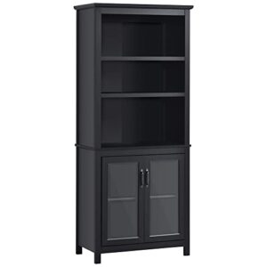 homcom 71" bookcase storage hutch cabinet with adjustable shelves and glass doors for home office, kitchen, living room, black