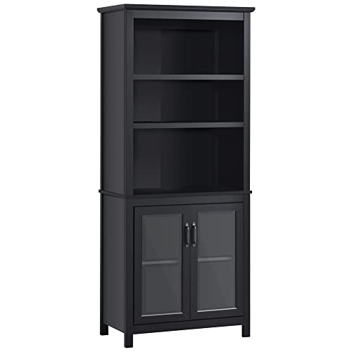 HOMCOM 71" Bookcase Storage Hutch Cabinet with Adjustable Shelves and Glass Doors for Home Office, Kitchen, Living Room, Black