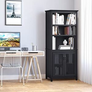 HOMCOM 71" Bookcase Storage Hutch Cabinet with Adjustable Shelves and Glass Doors for Home Office, Kitchen, Living Room, Black