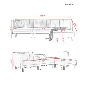 FREESNOOZE 106'' Velvet Reversible Sectional Sofa Sleeper Sofa Bed with Plastic Legs(Dark Green)