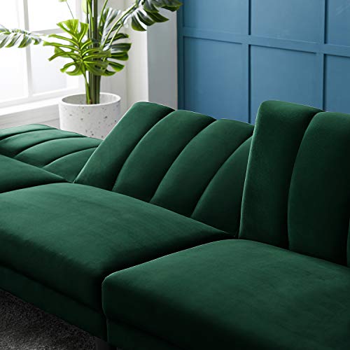 FREESNOOZE 106'' Velvet Reversible Sectional Sofa Sleeper Sofa Bed with Plastic Legs(Dark Green)