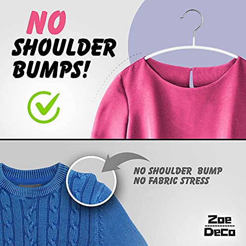 Zoe Deco Non-Slip No Shoulder Bumps Clothes Hangers with Grippy Coating, Sleek and Slim Rounded Hangers, Bump Free Hanger Solution (White, 16.5"x7.75", 10 Pack)