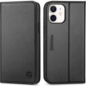 SHIELDON Case for iPhone 12/12 Pro 5G, Genuine Leather Wallet Case Magnetic RFID Blocking Credit Card Holder Kickstand Shockproof Case Compatible with iPhone 12/12 Pro (6.1 Inch 2020) - Black