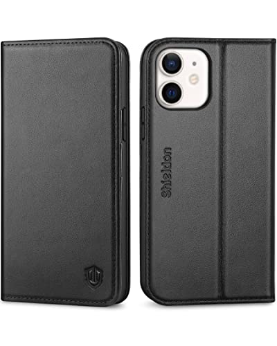 SHIELDON Case for iPhone 12/12 Pro 5G, Genuine Leather Wallet Case Magnetic RFID Blocking Credit Card Holder Kickstand Shockproof Case Compatible with iPhone 12/12 Pro (6.1 Inch 2020) - Black