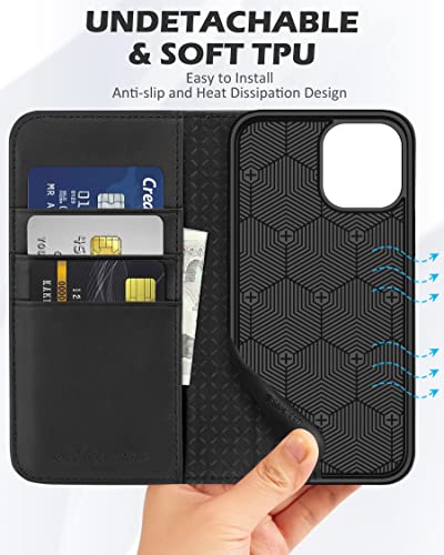 SHIELDON Case for iPhone 12/12 Pro 5G, Genuine Leather Wallet Case Magnetic RFID Blocking Credit Card Holder Kickstand Shockproof Case Compatible with iPhone 12/12 Pro (6.1 Inch 2020) - Black