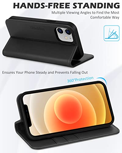 SHIELDON Case for iPhone 12/12 Pro 5G, Genuine Leather Wallet Case Magnetic RFID Blocking Credit Card Holder Kickstand Shockproof Case Compatible with iPhone 12/12 Pro (6.1 Inch 2020) - Black