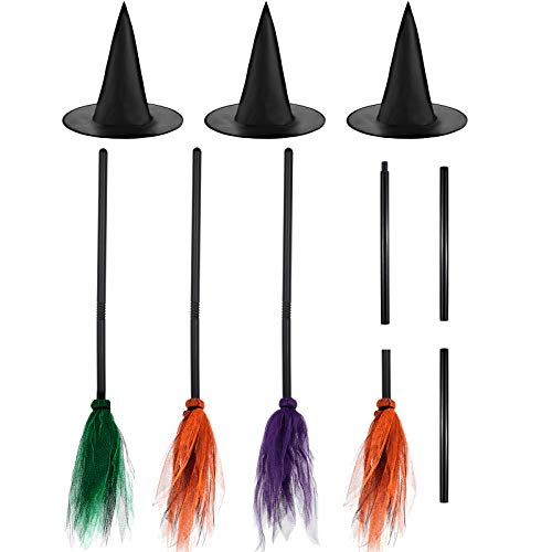 Sumind 3 Pieces Halloween Witch Broom Plastic Witch Broomstick Broom Props Witch Broom Party Decoration with 3 Pieces Witch Hat for Halloween Costume Party