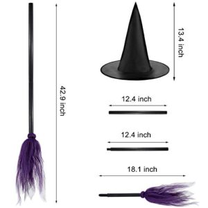 Sumind 3 Pieces Halloween Witch Broom Plastic Witch Broomstick Broom Props Witch Broom Party Decoration with 3 Pieces Witch Hat for Halloween Costume Party