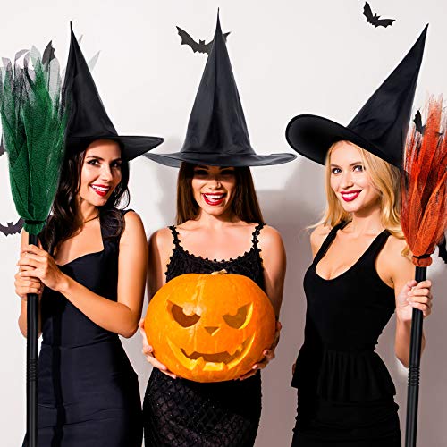 Sumind 3 Pieces Halloween Witch Broom Plastic Witch Broomstick Broom Props Witch Broom Party Decoration with 3 Pieces Witch Hat for Halloween Costume Party