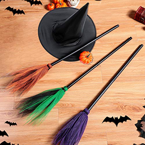 Sumind 3 Pieces Halloween Witch Broom Plastic Witch Broomstick Broom Props Witch Broom Party Decoration with 3 Pieces Witch Hat for Halloween Costume Party