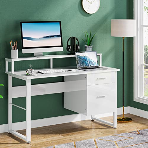 Tribesigns 47 Inches Computer Desk with 2 Drawers, Modern Writing Desk with Hutch, White Simple Study Desk, Space Saving Gaming Table, Large Workstation for Home Office