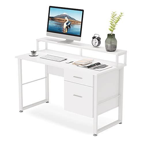 Tribesigns 47 Inches Computer Desk with 2 Drawers, Modern Writing Desk with Hutch, White Simple Study Desk, Space Saving Gaming Table, Large Workstation for Home Office