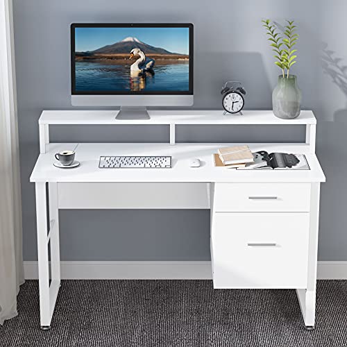 Tribesigns 47 Inches Computer Desk with 2 Drawers, Modern Writing Desk with Hutch, White Simple Study Desk, Space Saving Gaming Table, Large Workstation for Home Office