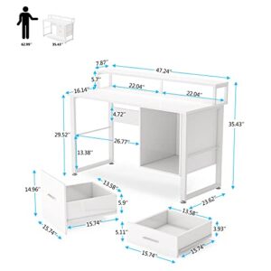 Tribesigns 47 Inches Computer Desk with 2 Drawers, Modern Writing Desk with Hutch, White Simple Study Desk, Space Saving Gaming Table, Large Workstation for Home Office