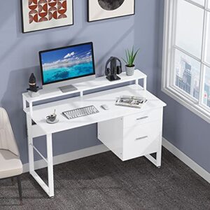 Tribesigns 47 Inches Computer Desk with 2 Drawers, Modern Writing Desk with Hutch, White Simple Study Desk, Space Saving Gaming Table, Large Workstation for Home Office