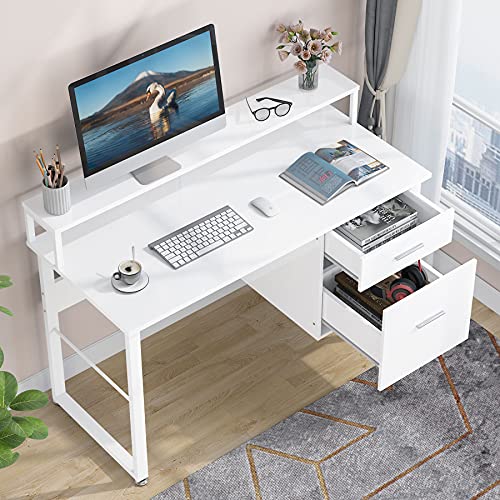 Tribesigns 47 Inches Computer Desk with 2 Drawers, Modern Writing Desk with Hutch, White Simple Study Desk, Space Saving Gaming Table, Large Workstation for Home Office