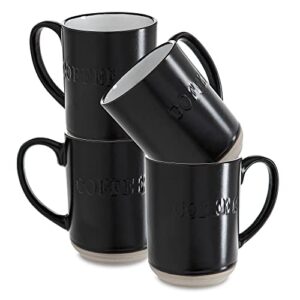 sheffield home set of stoneware coffee mugs- 4 printed coffee cups, tea cups, latte mugs 16 oz (black)