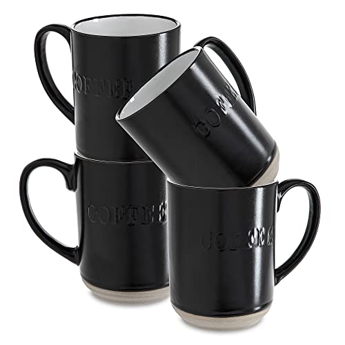 Sheffield Home Set of Stoneware Coffee Mugs- 4 Printed Coffee Cups, Tea Cups, Latte Mugs 16 oz (Black)