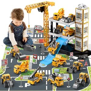 temi construction vehicles toy for boys, 60pcs kids engineering trucks vehicle w/tractor, crane, dump, excavator and map, birthday gift toys for 3 4 5 6 7 year old boys children toddlers