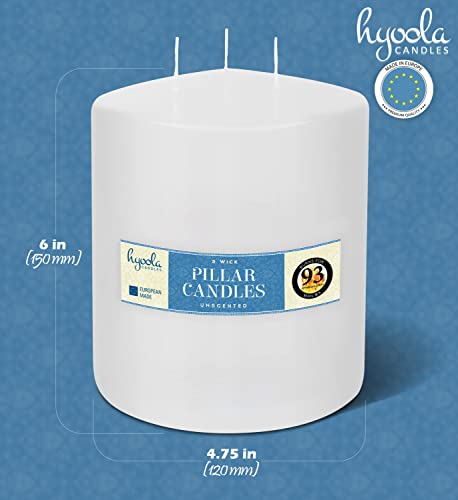 HYOOLA White Three Wick Large Candle - 4.75 x 6 Inch - Unscented Big Pillar Candles - 93 Hour - European Made