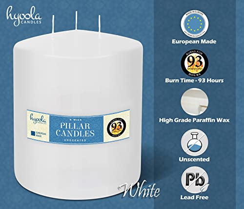 HYOOLA White Three Wick Large Candle - 4.75 x 6 Inch - Unscented Big Pillar Candles - 93 Hour - European Made