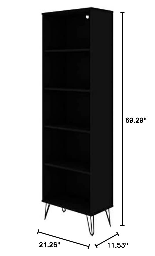 Manhattan Comfort Rockefeller Mid Century Modern 5 Shelves Home Office Bookcase with Metal Legs, 21.26", Black