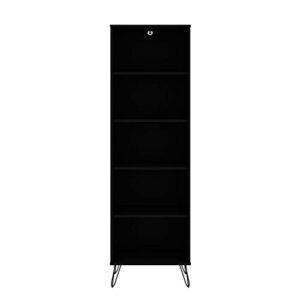 Manhattan Comfort Rockefeller Mid Century Modern 5 Shelves Home Office Bookcase with Metal Legs, 21.26", Black