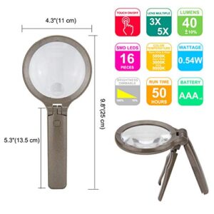 HONWELL Magnifying Glass with Light, Light and Handheld Magnifying Glass, Battery Powered Magnifying Glass for Reading, 3 Modes 16 LEDs Magnifier with 3X 5X Magnification for Inspection,Coins,Hobbies