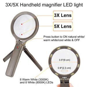 HONWELL Magnifying Glass with Light, Light and Handheld Magnifying Glass, Battery Powered Magnifying Glass for Reading, 3 Modes 16 LEDs Magnifier with 3X 5X Magnification for Inspection,Coins,Hobbies