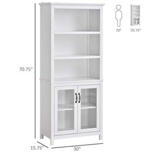 HOMCOM 71" Bookcase Storage Hutch Cabinet with Adjustable Shelves and Glass Doors for Home Office, Kitchen, Living Room, White