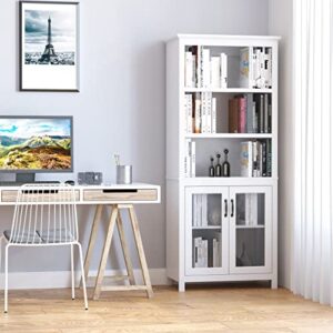 HOMCOM 71" Bookcase Storage Hutch Cabinet with Adjustable Shelves and Glass Doors for Home Office, Kitchen, Living Room, White